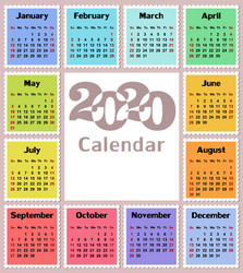 Calendar for 2020 starts monday Royalty Free Vector Image