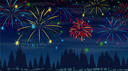 Night scene with fireworks in sky Royalty Free Vector Image