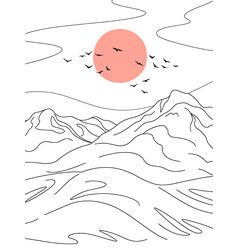 Line drawing of sunset scene with mountains Vector Image