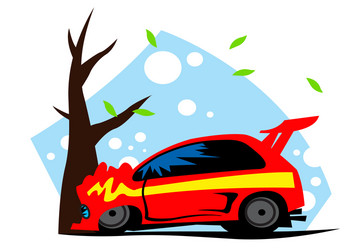 Red car crashed into big green tree auto accident Vector Image