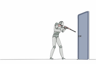 Single one line drawing robot pointing shotgun Vector Image