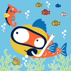 Scuba dive cartoon with little bear fishes turtle Vector Image