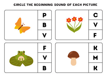 Worksheet for kids find the beginning sound Vector Image