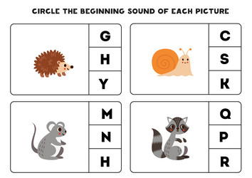 Worksheet for kids find the beginning sound Vector Image