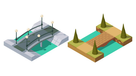 Bridge isometric set 3d isolated drawing elements Vector Image
