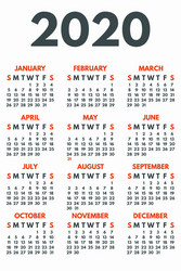 Calendar 2020 week starts with sunday Royalty Free Vector