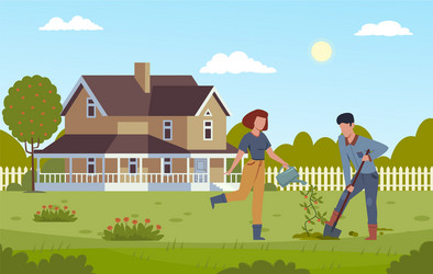 People work in garden with shovel scissors Vector Image