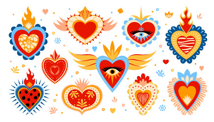 Cartoon color different sacred mexican hearts Vector Image