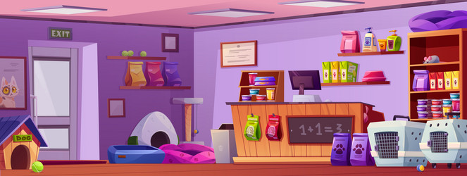 Animal pet toy store interior cartoon background Vector Image