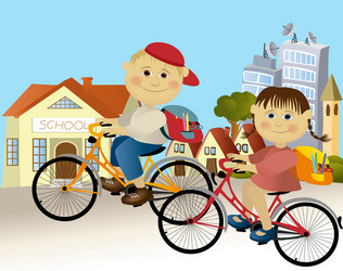 Happy school children in the road to school Vector Image
