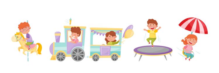 Kids in amusement park riding carousel attraction Vector Image
