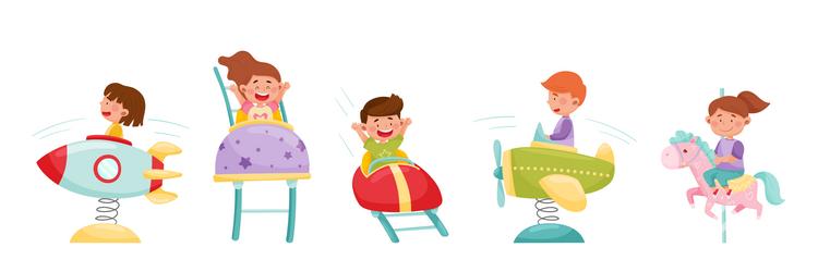 Kids in amusement park riding carousel attraction Vector Image
