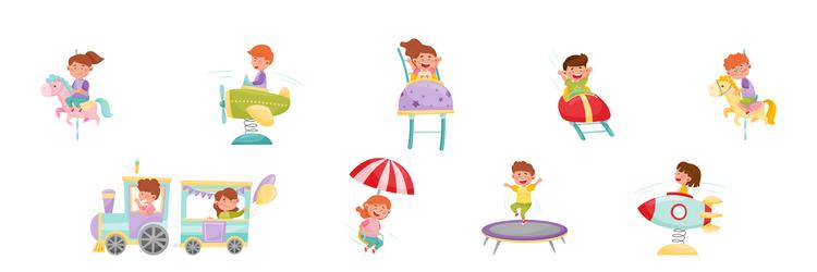 Kids in amusement park riding carousel attraction Vector Image