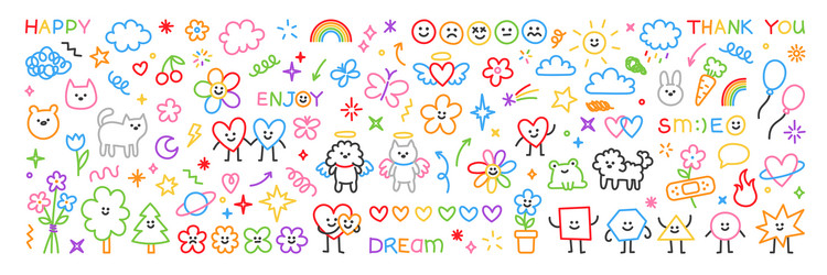 Cute kid scribble doodle icons set sun flower Vector Image