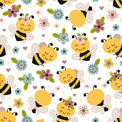 Cute bee pattern bees and flowers cartoon flying Vector Image