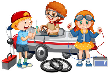 Children fixing a plane together Royalty Free Vector Image