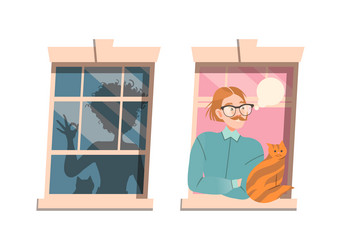 Man and kid in open window with heart balloon Vector Image