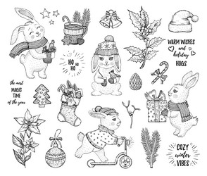 Winter christmas bunny coloring book rabbit Vector Image