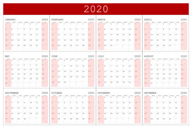 Red calendar 2020 basic grid simple design Vector Image