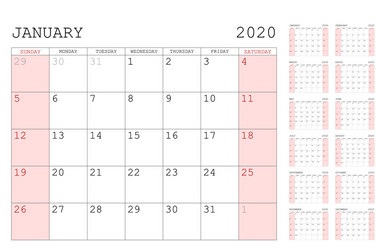 Red calendar 2020 basic grid simple design Vector Image
