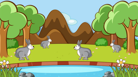 Boy are playing with three rabbits Royalty Free Vector Image