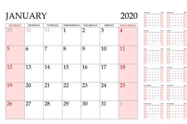 Red calendar 2020 basic grid simple design Vector Image