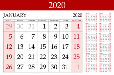Red calendar 2020 basic grid simple design Vector Image