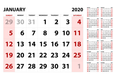 Red calendar 2020 basic grid simple design Vector Image