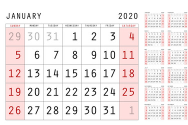 Red calendar 2020 basic grid simple design Vector Image