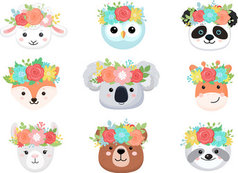 Cute animals with flower crowns and floral wreaths