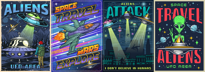 Aliens invasion colorful set flyers Royalty Free Vector