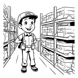 Warehouse worker cartoon in black and white Vector Image