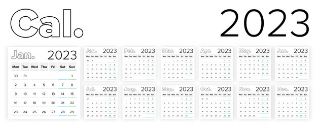 Calendar 2023 modern black yellow starts on monday
