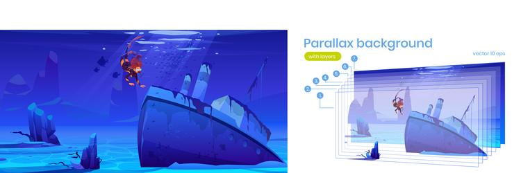 Parallax background with sunken ship underwater Vector Image