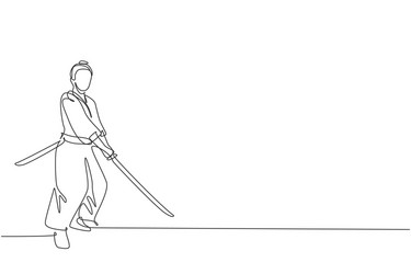 One single line drawing young japanese samurai Vector Image
