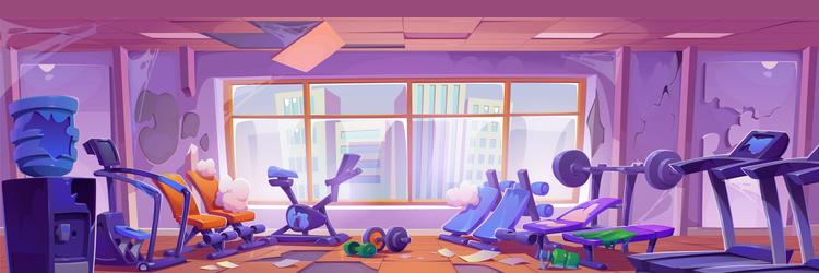 Abandoned broken gym with smashed sports equipment