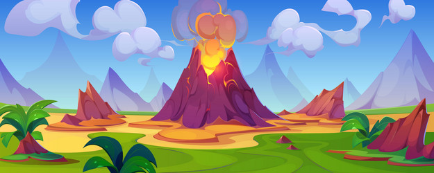 Volcano eruption cartoon landscape Royalty Free Vector Image