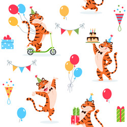 Cartoon birthday tigers seamless pattern Vector Image
