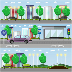 City and park landscape elements with road sign Vector Image