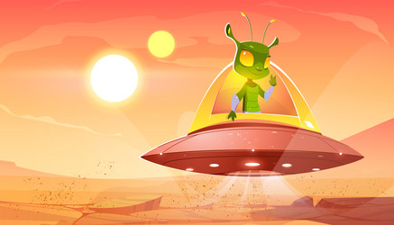 Cute alien in spaceship hover above planet surface