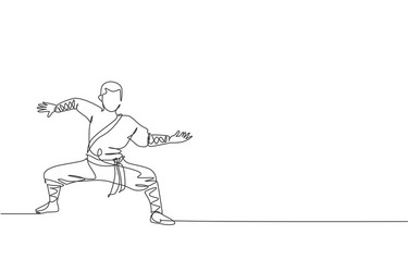 One continuous line drawing of young shaolin monk Vector Image