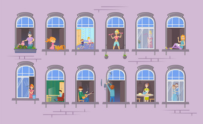 Neighbors in windows of old house building Vector Image