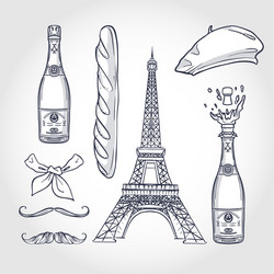 Symbols of french culture cartoon set Royalty Free Vector