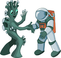 Cartoon alien meeting and handshake in space Vector Image