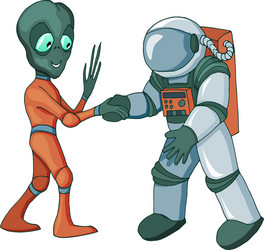 Cartoon alien meeting and handshake in space Vector Image