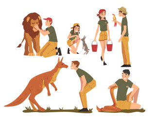 Professional zoo workers caring wild animals Vector Image