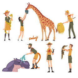 Professional zoo workers caring wild animals Vector Image