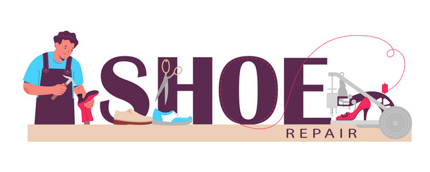 Shoe repair flat colored composition Royalty Free Vector