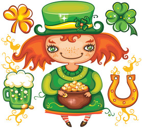 Cartoon girl leprechaun waving Royalty Free Vector Image