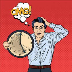 Stressed pop art business man holding big clock Vector Image